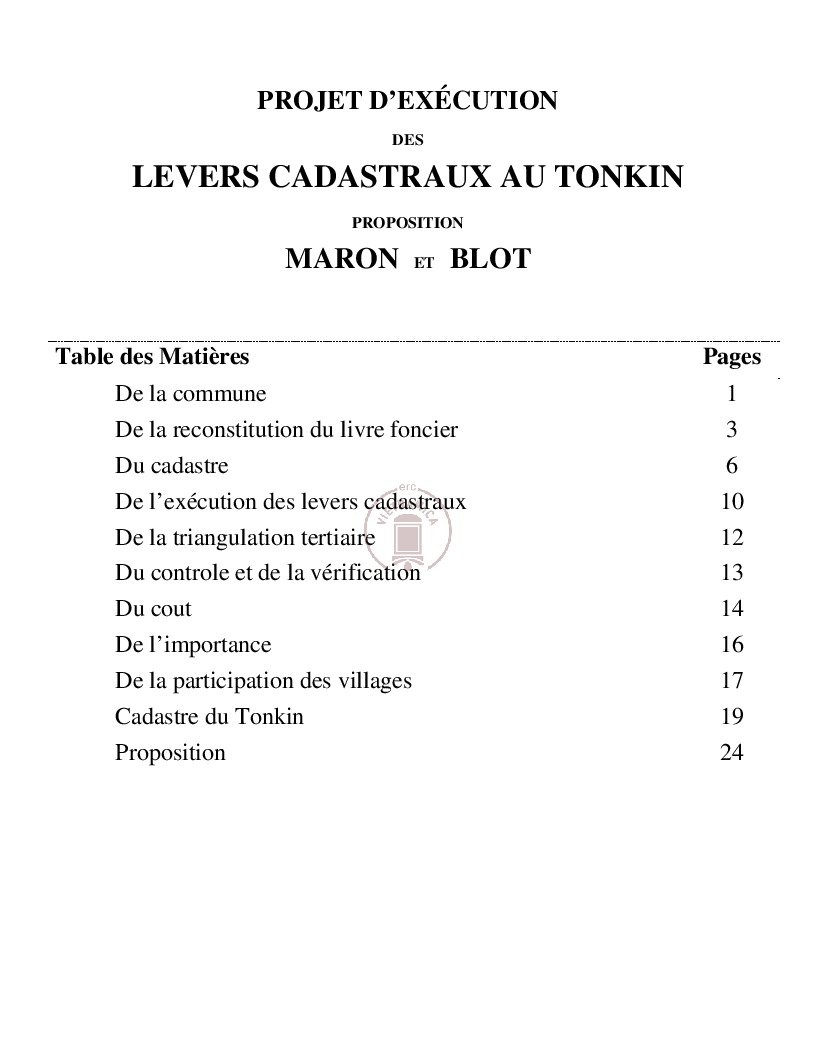 Projet d'exécution des levers cadastraux au Tonkin, proposition Maron ...